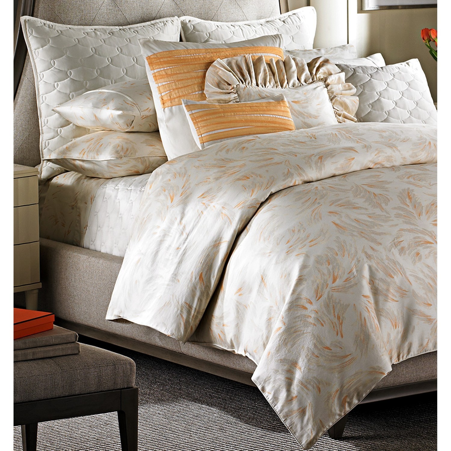 Barbara Barry Caprice 16" Square Toss Pillow Ruffle Flange Coral Beige ...