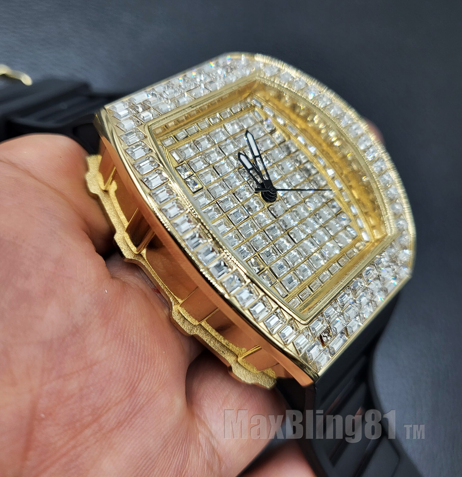 Men Luxury Watch Iced Bling Rapper Baguette Stone Silicone Band Fashion ...