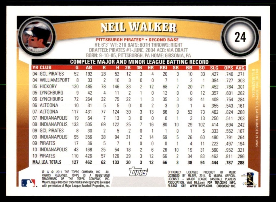 2011 Topps Neil Walker Pittsburgh Pirates #24 MLB Baseball Card | eBay