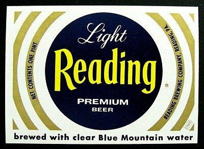Reading Brewing Co READING LIGHT PREMIUM BEER label Reading PA 16oz Var ...