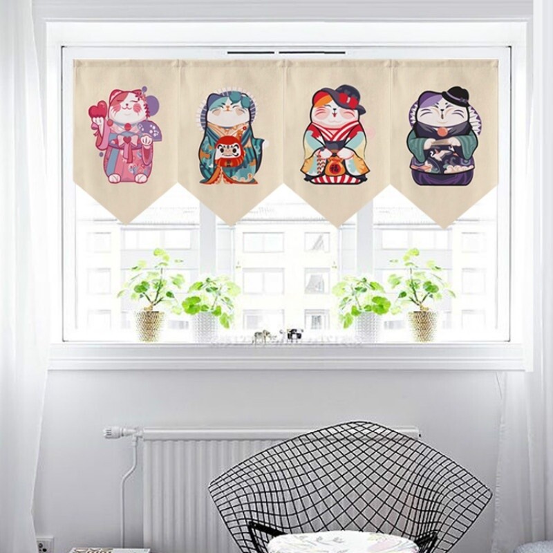1 PC Japanese Short Noren Curtains Lucky Cat Hanging Flag Room Divider ...