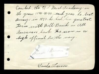 Swede Larson (d. 1945) US Navy Football Coach 1939-1941 Signed Auto Cut ...