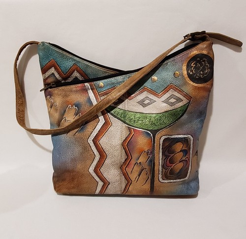 ANUSCHKA Hand-Painted Leather Shoulder Bag Purse Abstract Design ...