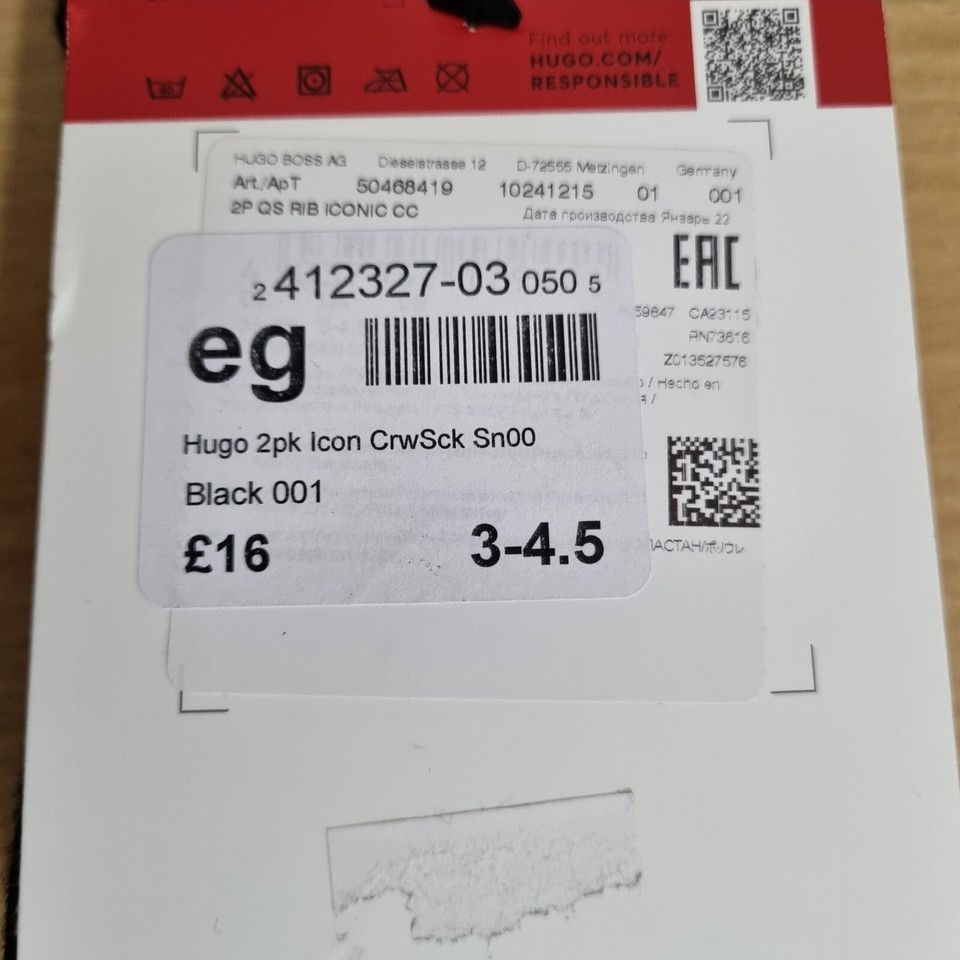 Hugo Boss 2 Pack Socks Crew Iconic Black Mens Cotton 100% Genuine UK 3 ...