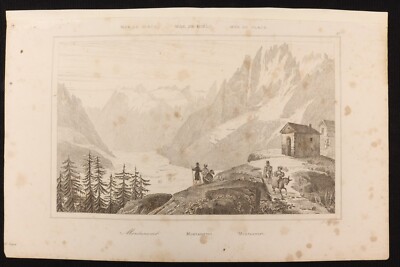 Montanvert engraving. Sea ice. Switzerland. Engraving Montanvert. Sea ...
