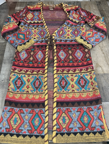 Double D Ranch Knit Southwest Aztec Duster Coat Leather Trim Tie Front ...