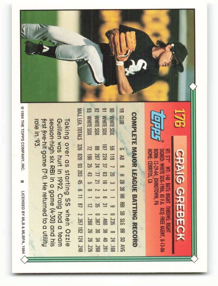 1994 Topps #176 Craig Grebeck NM-MT White Sox ID:178338 | eBay