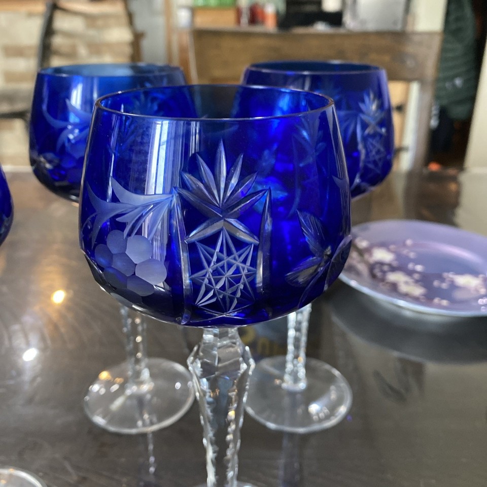 4 Vtg Czech Bohemian Crystal Cobalt Blue Cut To Clear Stem Stemware ...