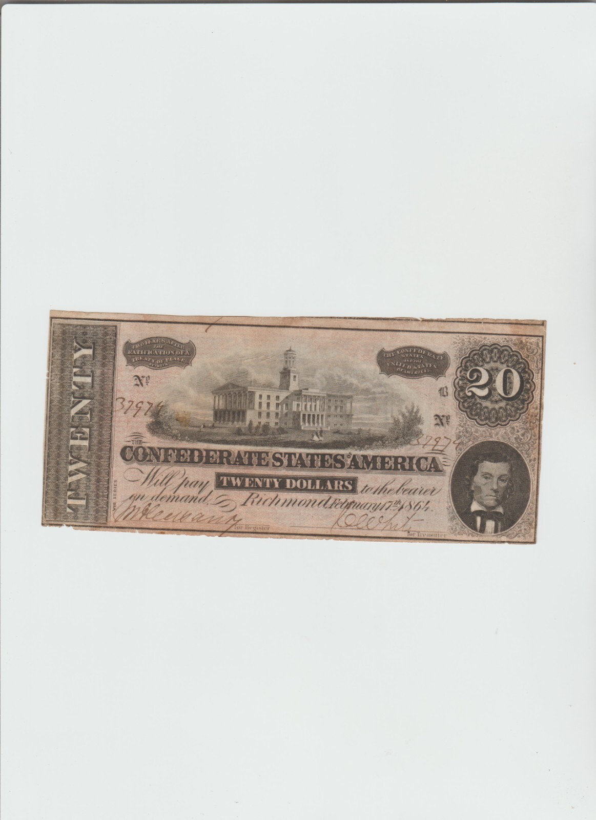 1864 The Confederate States of America $20 Twenty Dollar Note | eBay