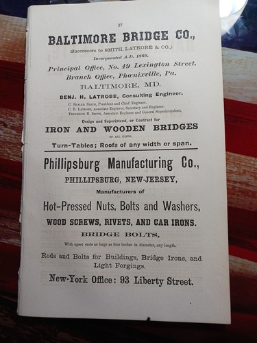 1871 Print Ad BALTIMORE BRIDGE COMPANY Phoenixville PA Benjamin Latrobe ...