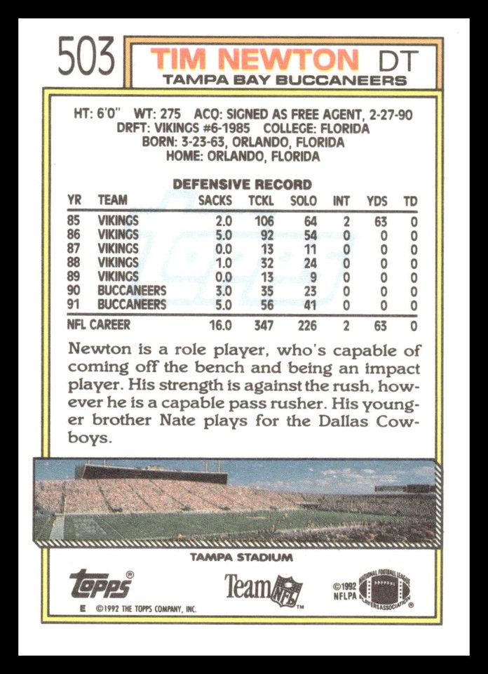 1992 Topps #503 Tim Newton Tampa Bay Buccaneers Football Card EX | eBay