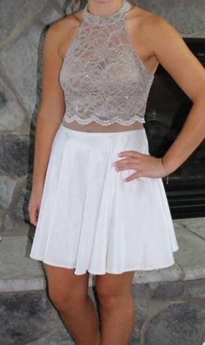Jodi Kristopher Tan/Off White Halter Peek-a-Boo Back cocktail Party ...