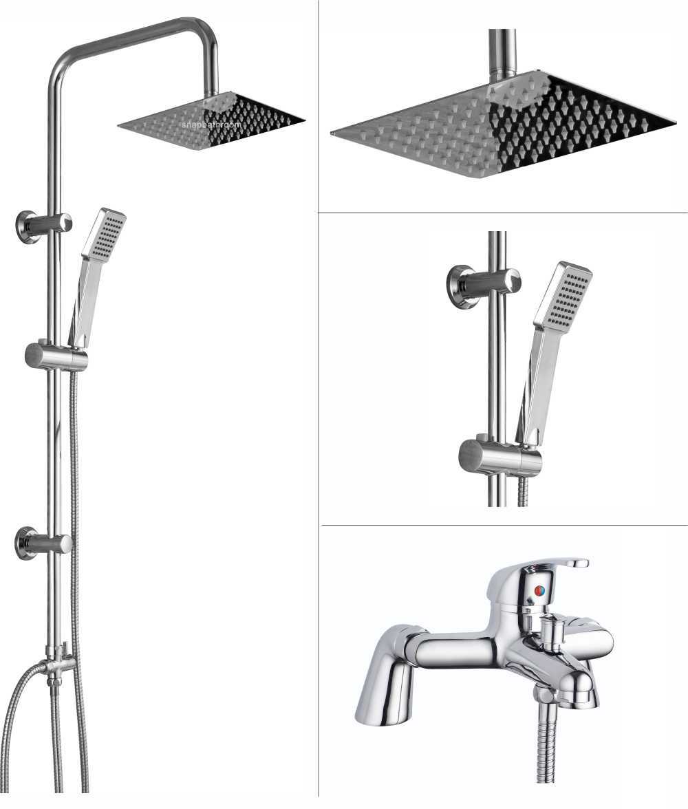 SHOWER KIT TWIN HEAD CHROME SQUARE FIXED HEAD RISER RAIL WITH BATH ...