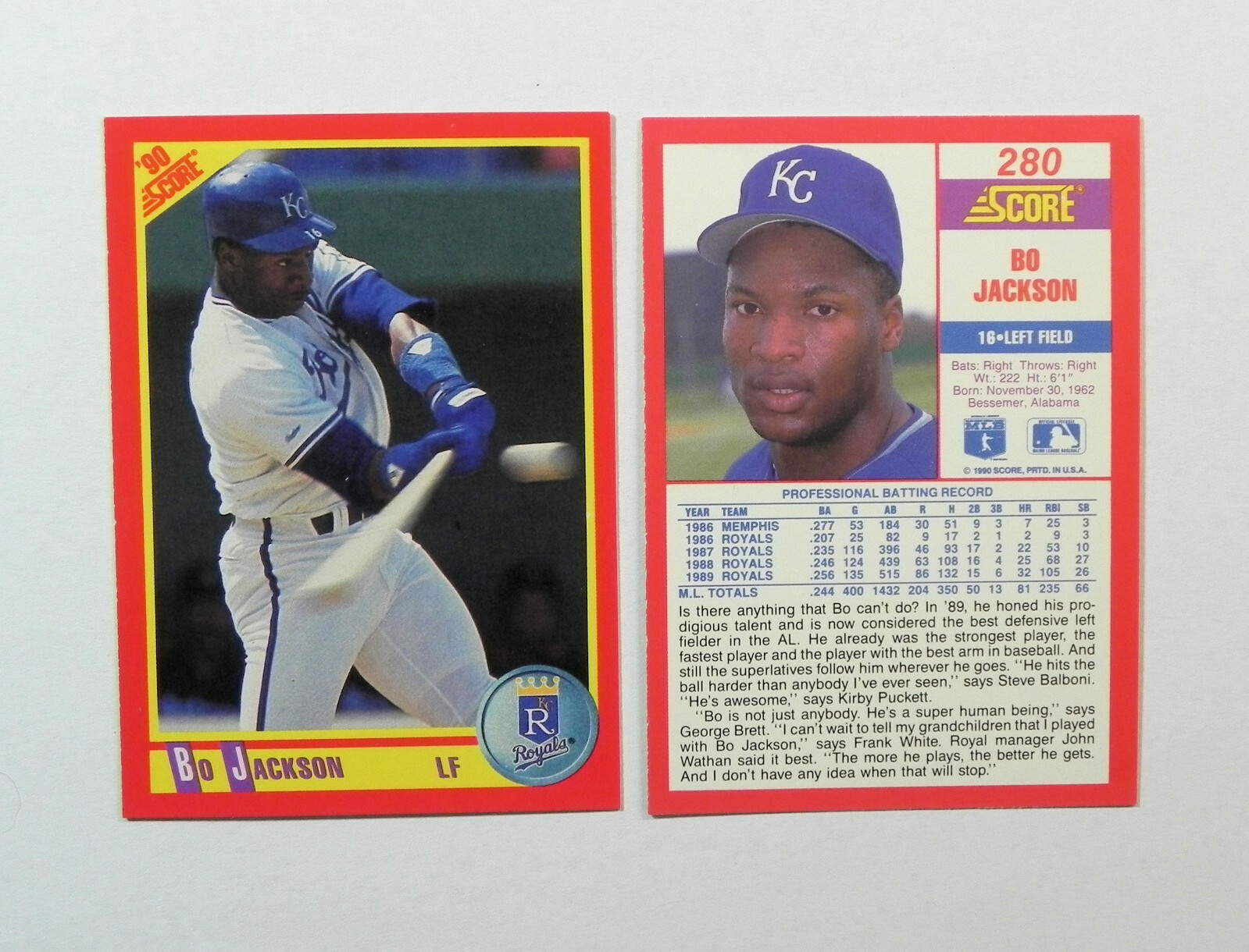 Bo Jackson 1990 Score Card #280 _ KC ROYALS _ LOW MAILING COST | eBay