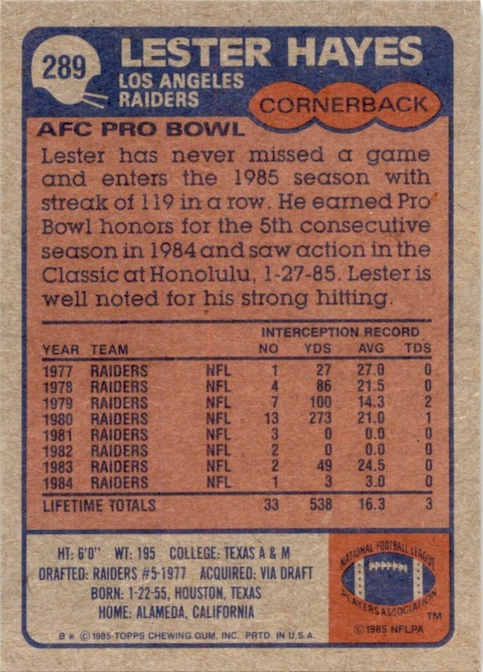 1985 Topps Football Lester Hayes (C) Los Angeles Raiders #289 | eBay