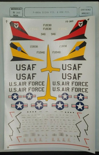 Microscale 1/72 Scale Decal Sheet 72-360 for F-86 D Sabre 513th 496 FIS ...