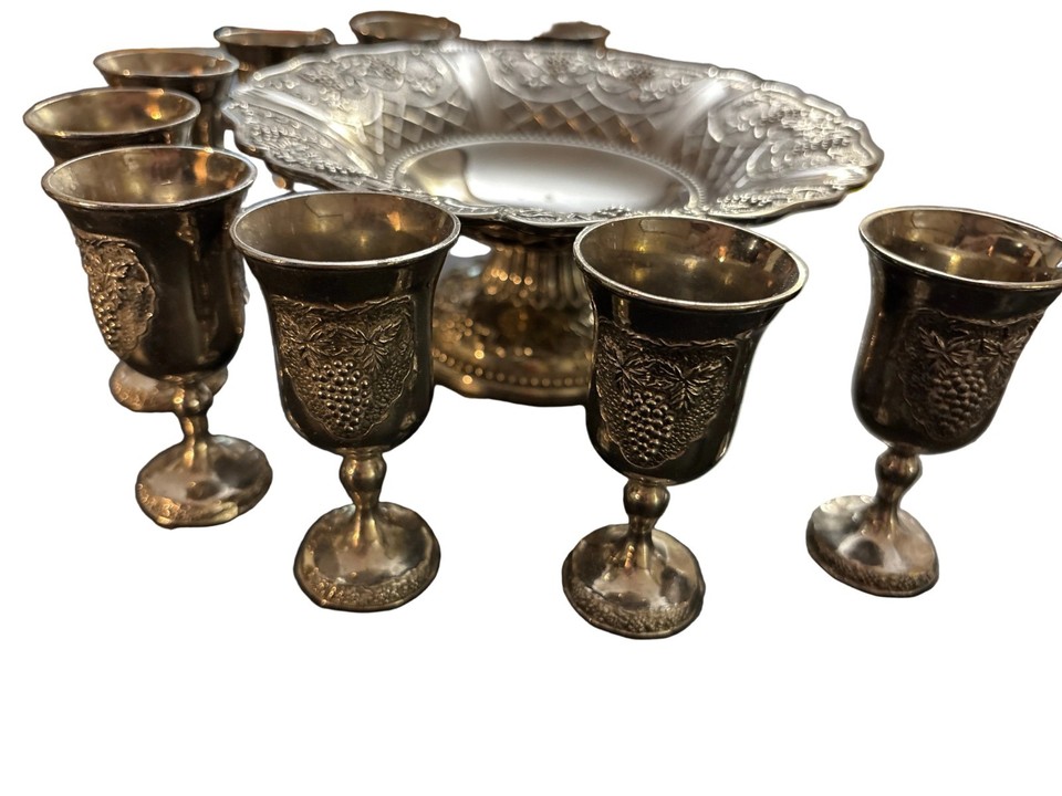 Vintage Silver-Tone Grape Motif Kiddush Wine Set – 10 Cups, Tray ...