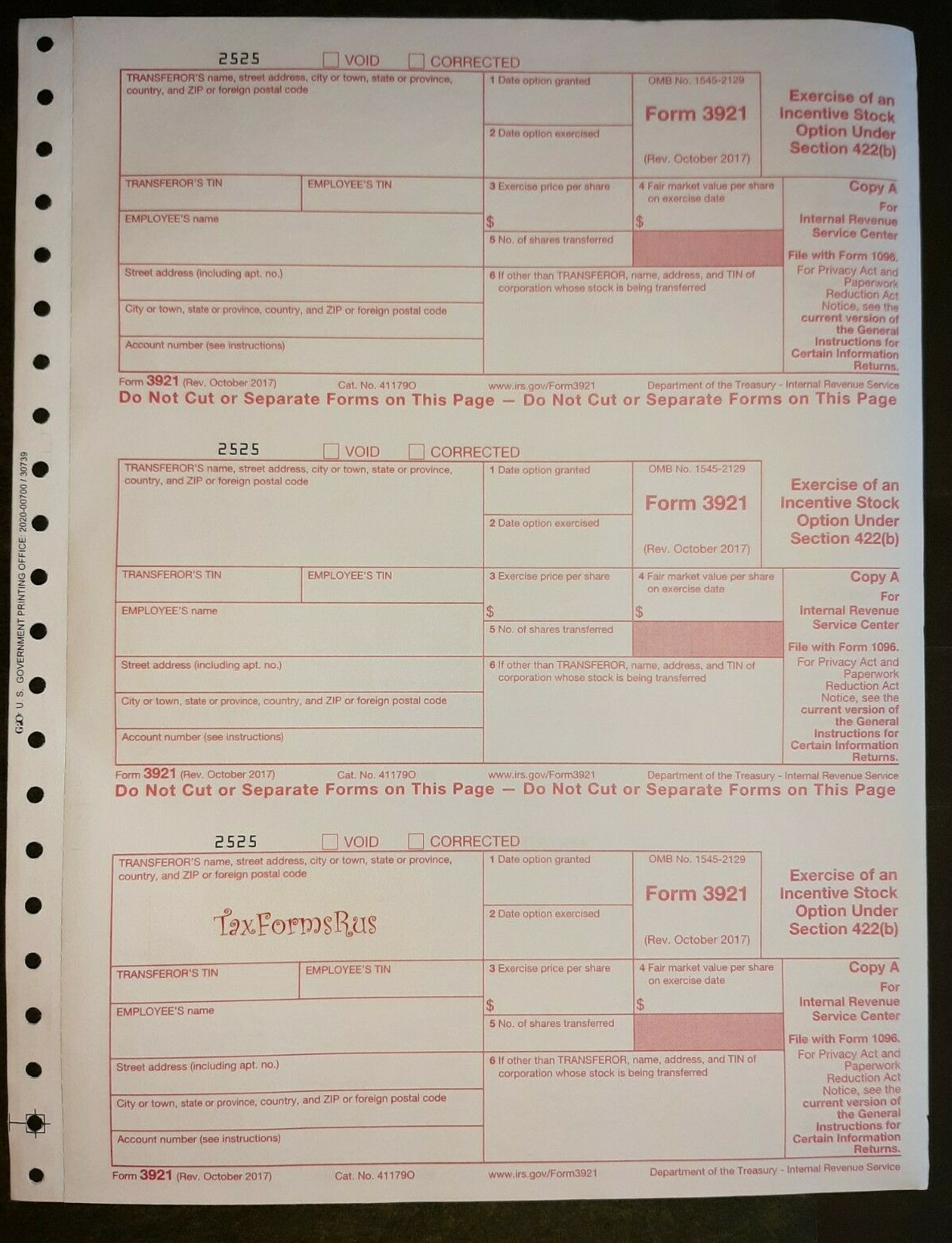 IRS Tax Form 3921 Exercise Incentive Stock Option - single sheet for 3 ...