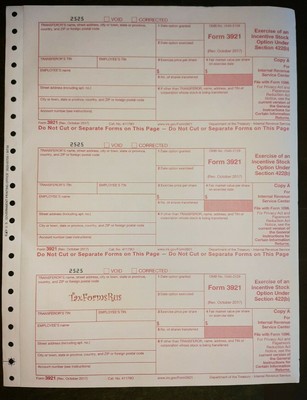 IRS Tax Form 3921 Exercise Incentive Stock Option - single sheet for 3 ...