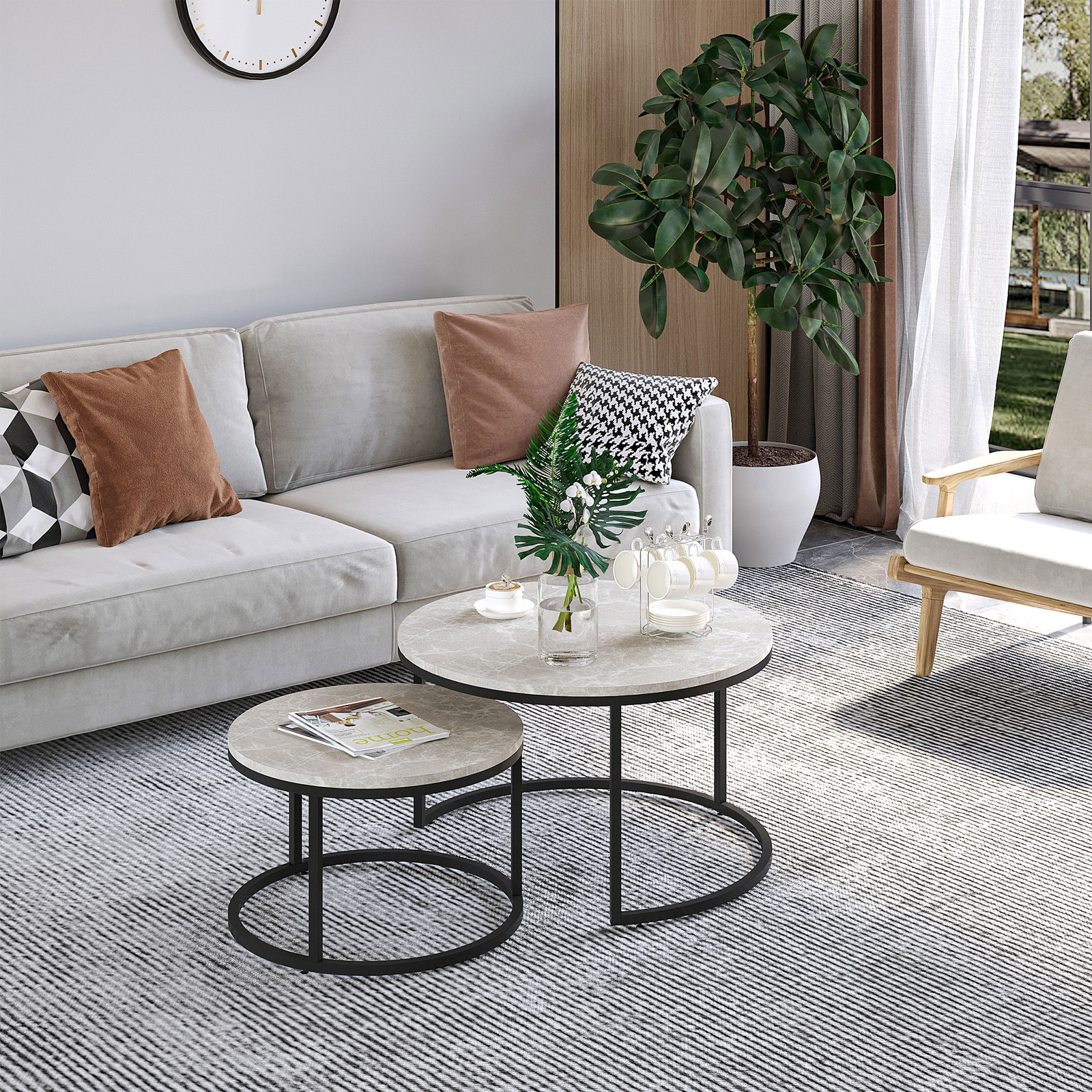 HOMCOM 2 Pcs Stacking Coffee Table Set Steel Frame, Marble Grey ...