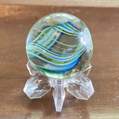 Antique German Handmade Marble .812 13/16 NM+ Divided Ribbon Blue Teal ...