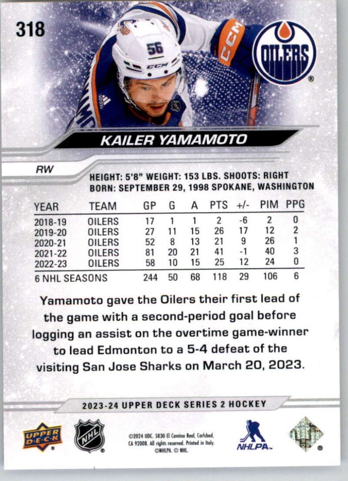 KAILER YAMAMOTO 2023-24 Upper Deck #318 NHL Oilers ID:95798 | eBay