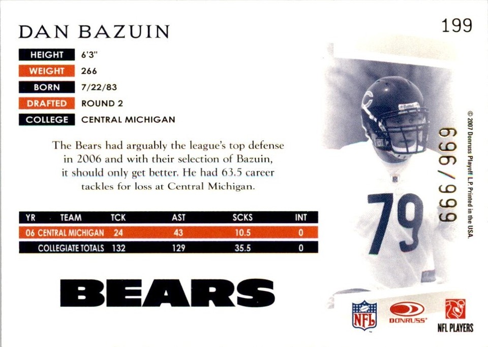 2007 Donruss Threads Dan Bazuin Rookie 696/999 Chicago Bears #199 | eBay