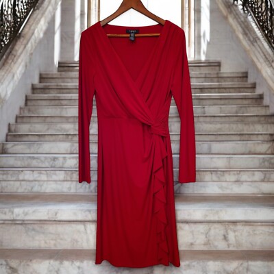 Ralph Lauren Chaps Red Dress Long Sleeve V-Neck Flattering Non Wrinkle ...