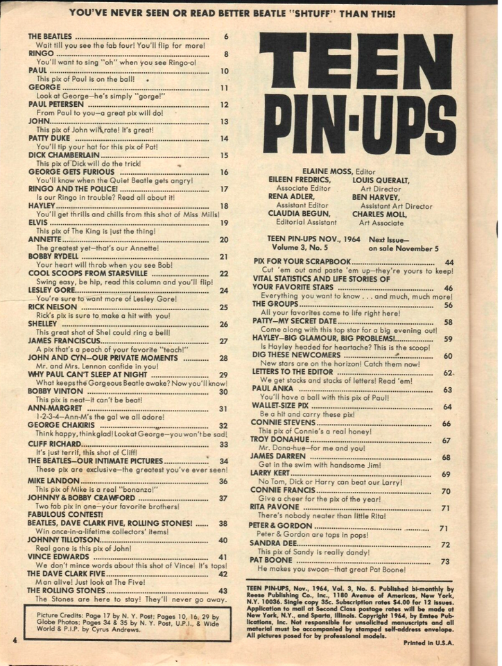 TEEN PIN-UPS Magazine Nov. 1964 Beatles, Rolling Stones, Hayley Mills ...