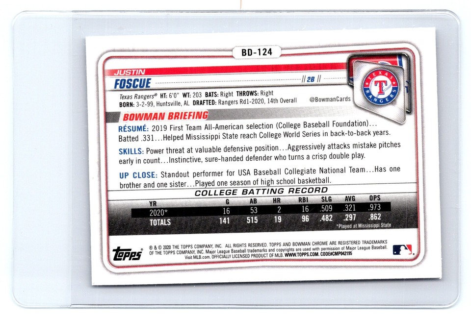 2020 1st Bowman Chrome Rookie RC #BD124 Justin Foscue Texas Rangers | eBay