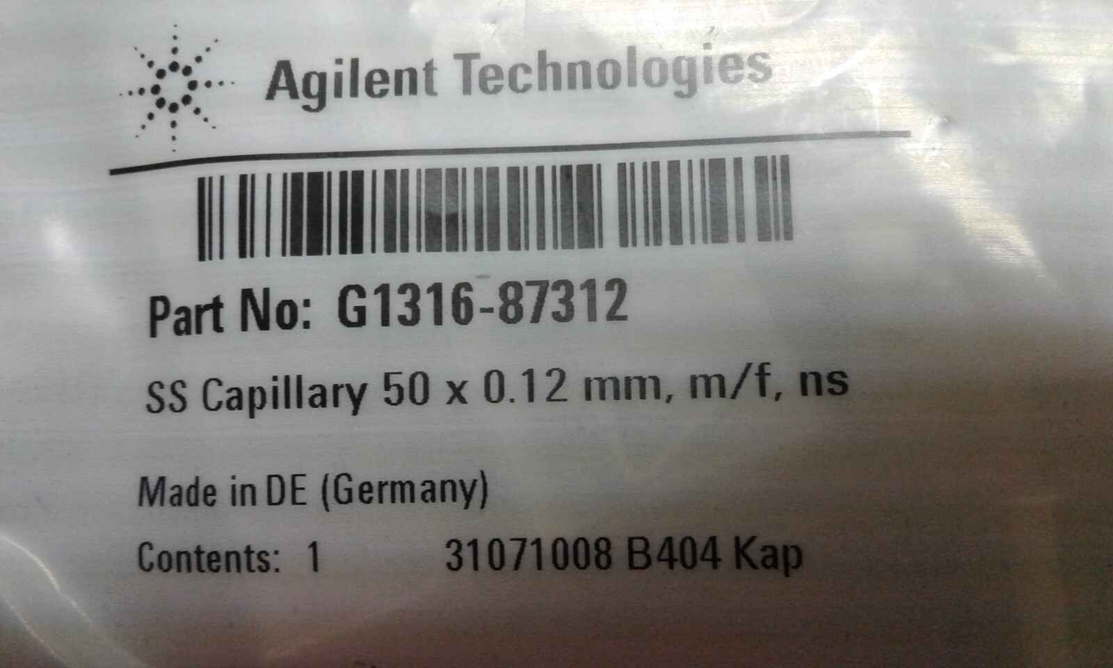 AGILENT CAPILLARY Stainless Steel, 0.12 x 50mm p/n: G1316-87312, 1/pk ...