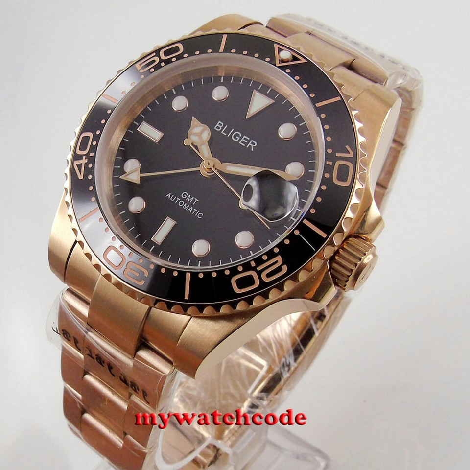 40mm bliger black dial automatic mens watch golden case GMT sapphire ...