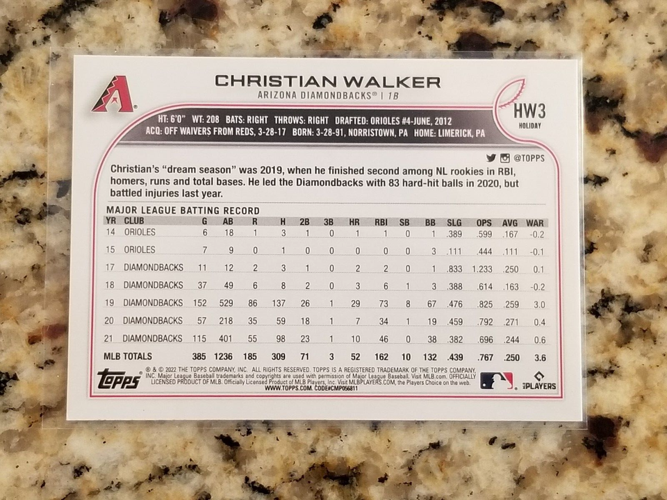 Christian Walker 2022 Topps Holiday Metallic Snowflake E #HW3 Arizona ...