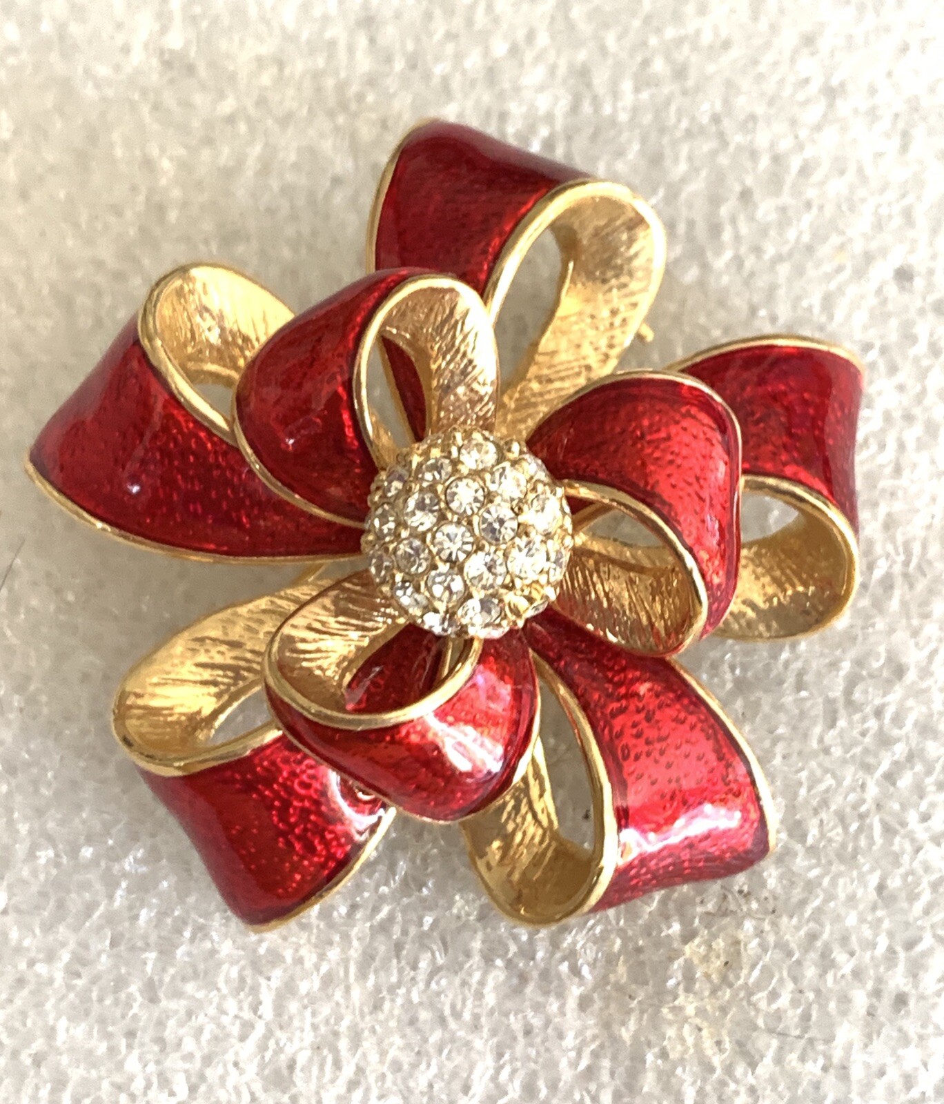 Vintage red enamel brooch with rhinestones Beautiful full bow red gold ...