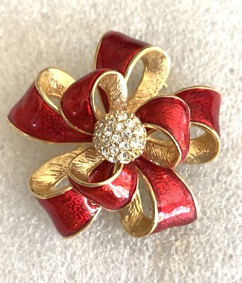 Vintage red enamel brooch with rhinestones Beautiful full bow red gold ...