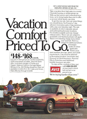 1989 Avis Car Rental Service Chevy Lumina Vacation Comfort vintage ...