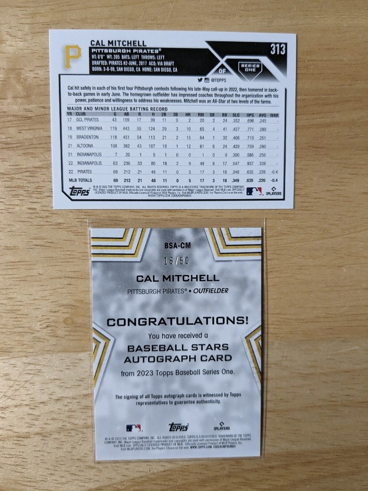 2023 Topps Rookie Gold Cal Mitchell Autograph BSA-CM 16/50 & #313 Card ...