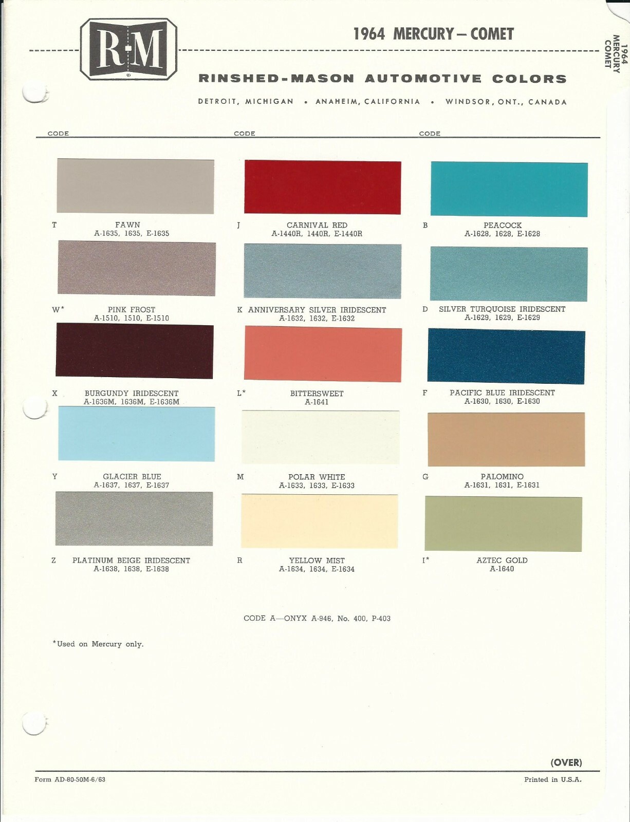 1964 Mercury Comet Monterey Meteor Paint Chips (R-M)