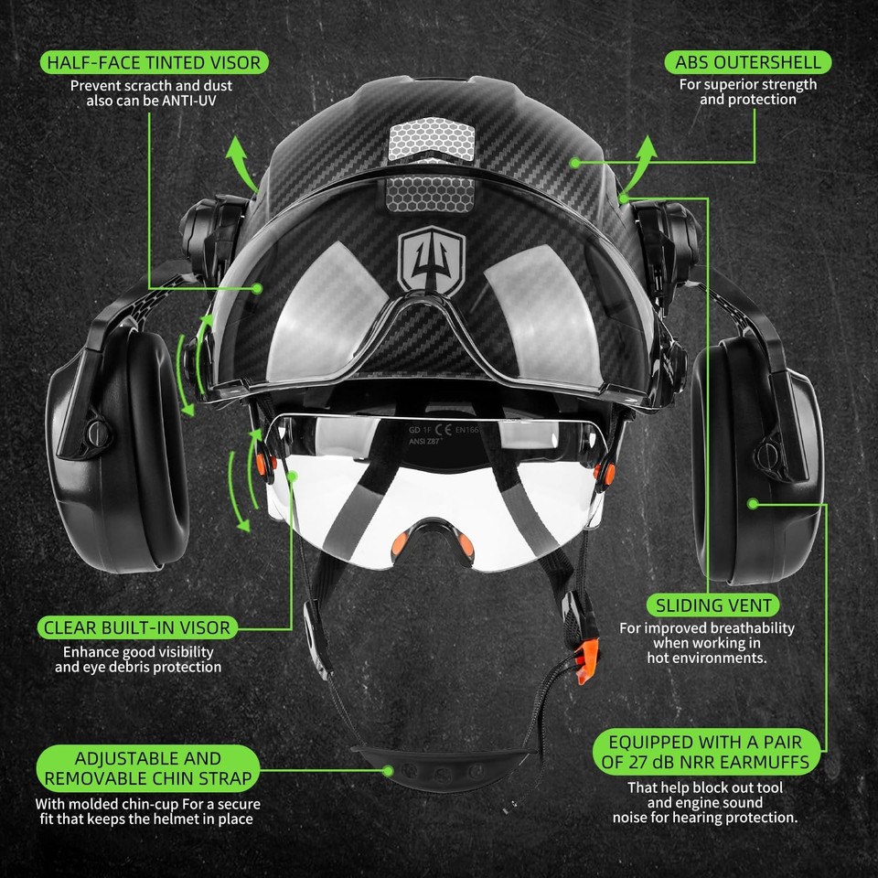 Hard Hat Safety Helmet with Visor and Ear Muffs Men Women Vented Work ...