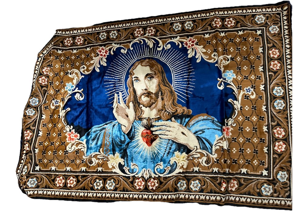 Vintage Large Jesus Tapestry 48”x68” Brilliant Blue & Gold Edging ...