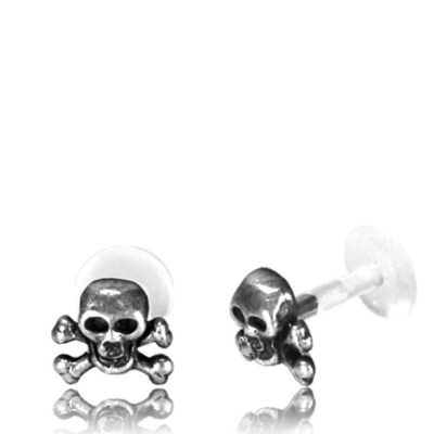 1 REAL SILVER SKULL LABRET TRAGUS EAR RING LIP NOSE RING EARRINGS ...