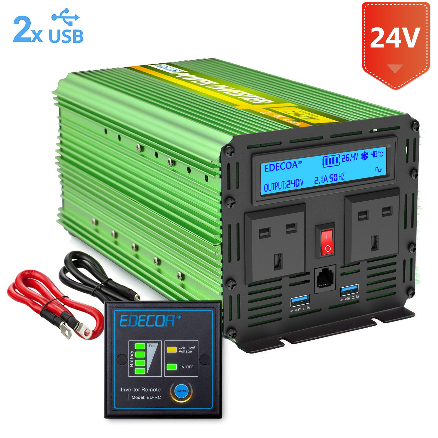 EDECOA Power Inverter 2000W 4000W DC 24V to AC 240V Converter HGV Lorry ...