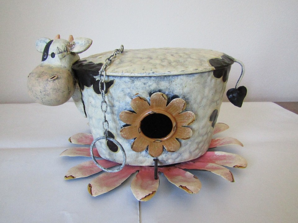 Holstein Cow & Sunflower Birdhouse - Metal Hanging Rustic Country Farm ...