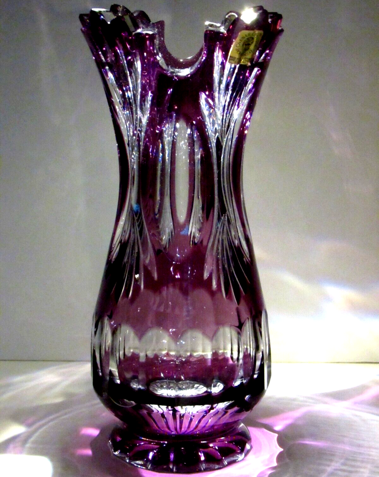 CAESAR CRYSTAL Purple Vase Hand Cut to Clear Overlay Czech Bohemian ...
