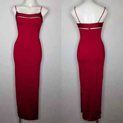 Vintage Cache red satin rhinestone accent spaghetti strap sexy red maxi ...