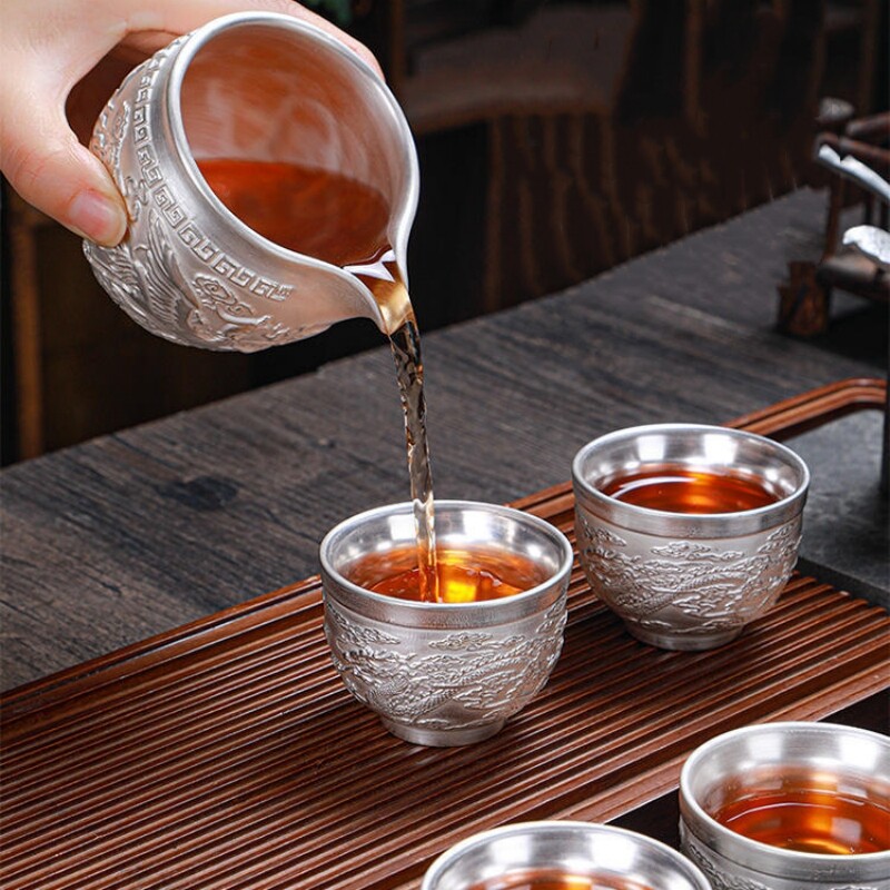 999 Pure Silver Tea Set Handmade Tea Pot Sterling Silver Tea Cup Dragon ...