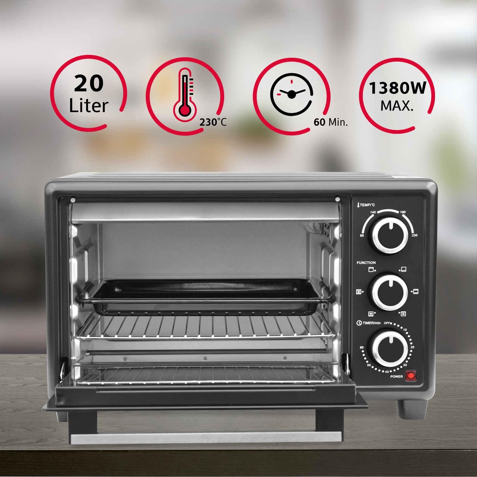 OptimumX 20 L Minibackofen, Klein mini Backofen mit Umluft, 60 Min ...