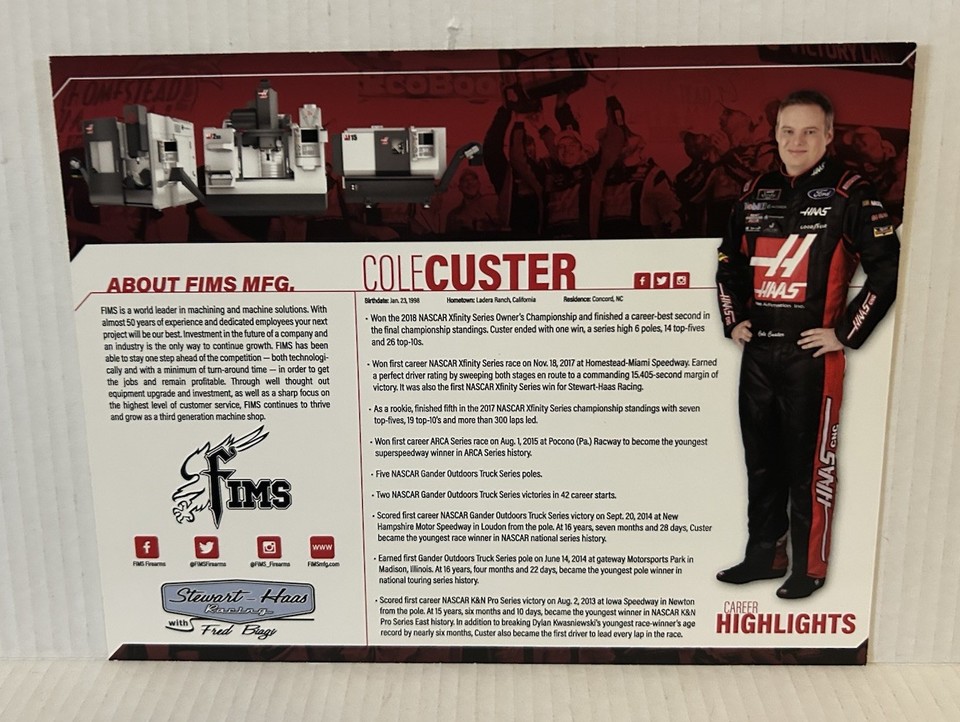 Cole Custer #00 AUTOGRAPHED Haas Ford NASCAR Xfinity Stewart Haas Hero ...