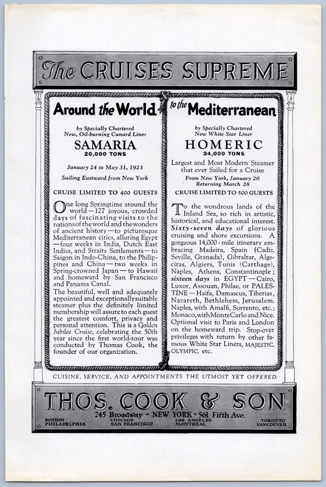 1922 Thos Cook & Sons Vintage Cruise Ad Cunard SS Samaria & White Star ...