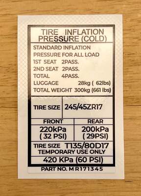 Tire Inflation Pressure Decal (17", 2G) | eBay